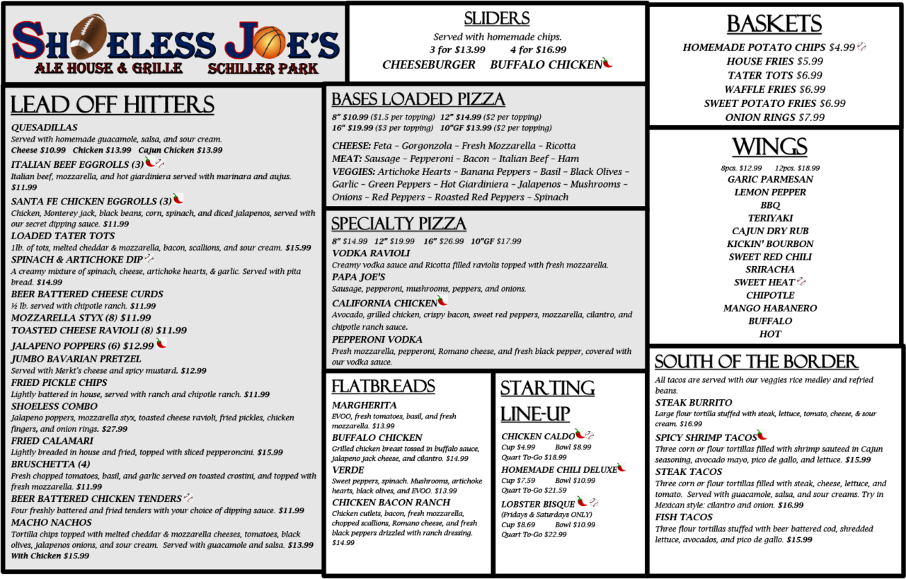 Schiller Park Menu | Shoeless Joe's Ale House & Grille